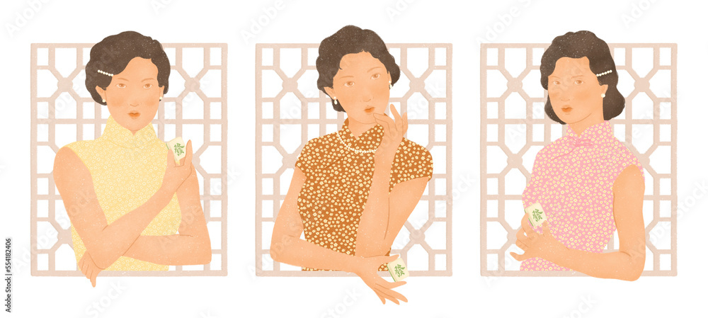 three Asian young women in traditional qipao costumes holding mahjong ...