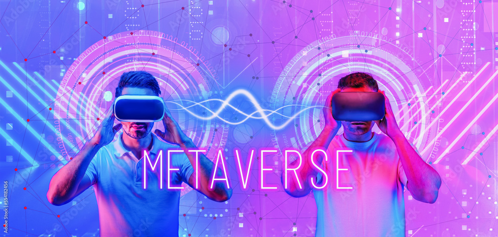 metaverse and virtual reality background of two men wearing 3D virtual ...