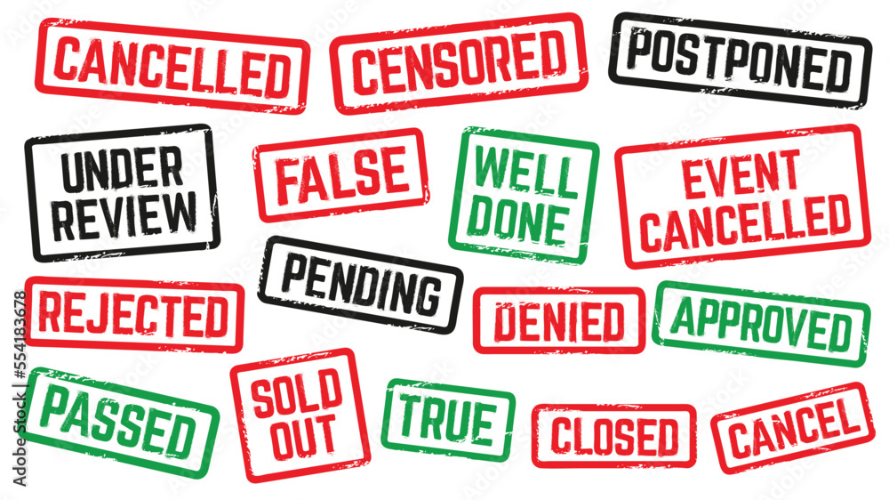 Rubber stamp sign. Event cancelled, sold out and closed stencil ...