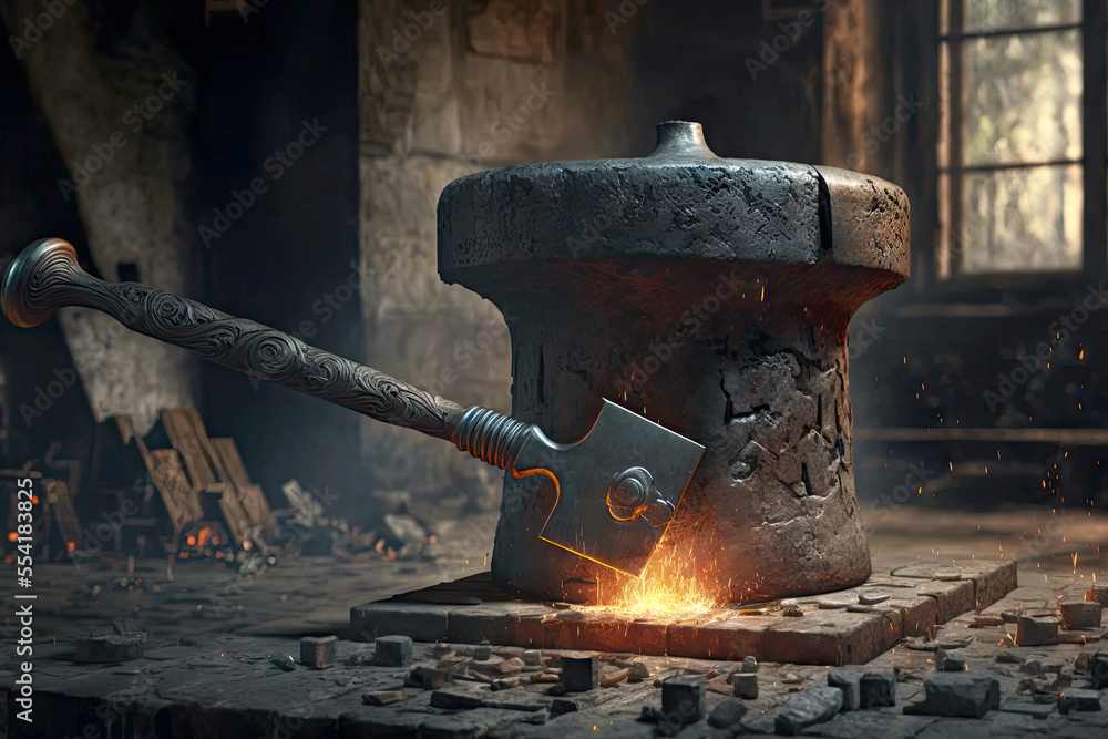 Massive anvil with hammer in blacksmith shop against backdrop of ...