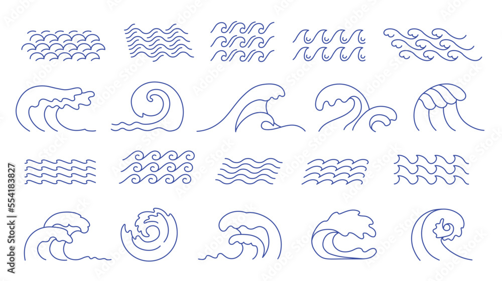 Line waves. Ocean surf curl, sea wave crest and water surface swing ...