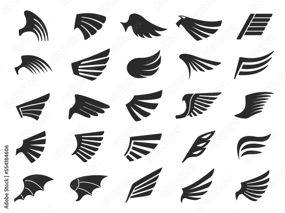Stencil wings icons. Fast fly emblem, eagle freedom bird wing, holy ...