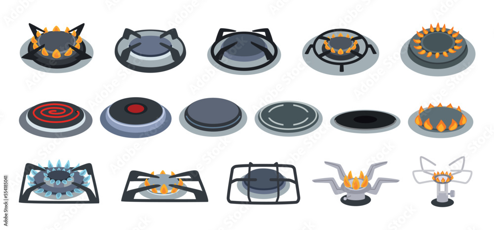 Stove burners. Electric and gas cooker, hob burner with fire flame heat ...