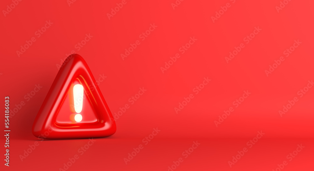 Red triangle warning sign exclamation mark, copy space text, 3D ...