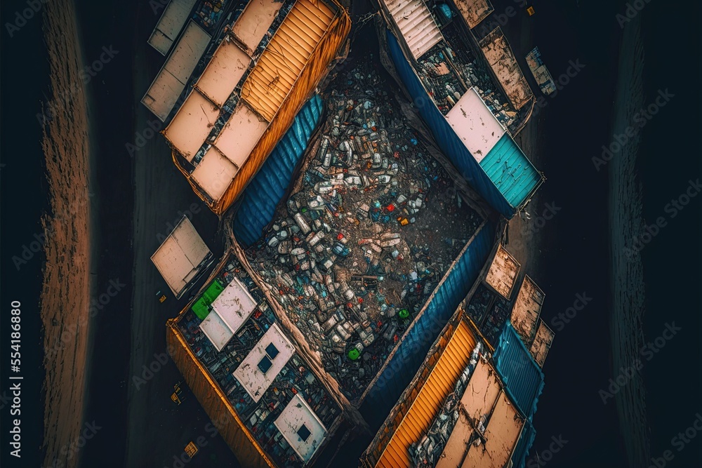 aerial view overhead perspective of a city landfill with garbage being ...