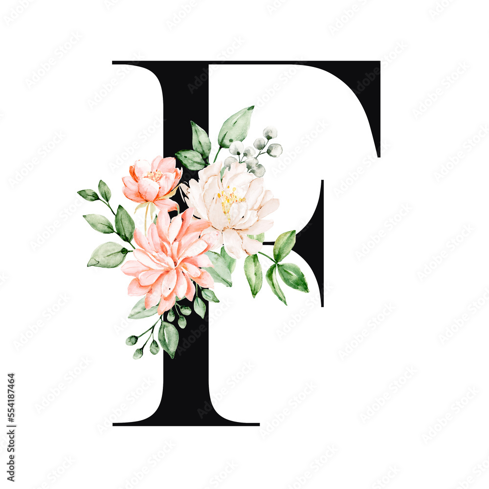 Alphabet, letter F with watercolor flowers and leaf. Monogram initials ...
