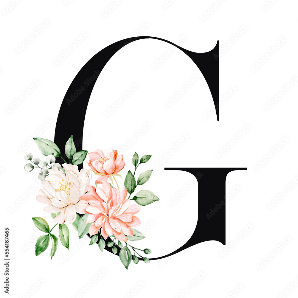 Alphabet, letter G with watercolor flowers and leaf. Monogram initials ...