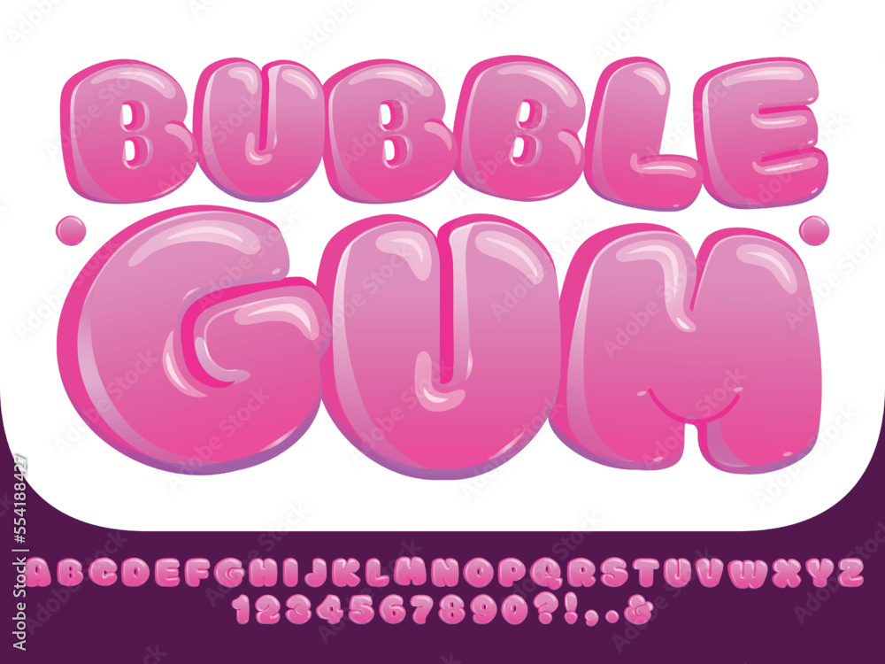 Bubble gum font. Sweet pink chubby letters, glossy lollipop candy ...