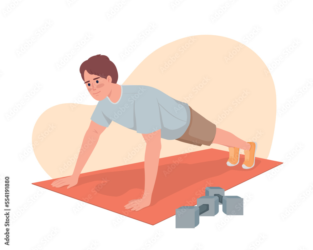 Man doing push up exercise 2D vector isolated illustration. Male ...