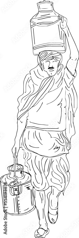 Sketch outline drawing illustration of Indian traditional milkman ...