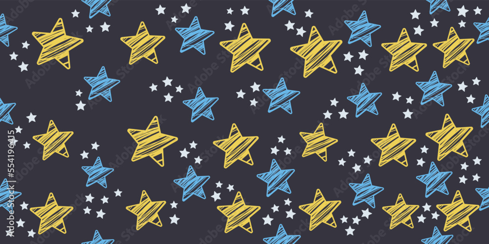 Blue and yellow stars drawn and scribbled. Children's drawing of stars ...