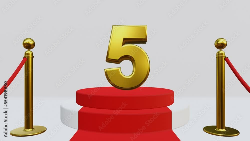 3D animation of number five on Red carpet with Golden rope barriers ...