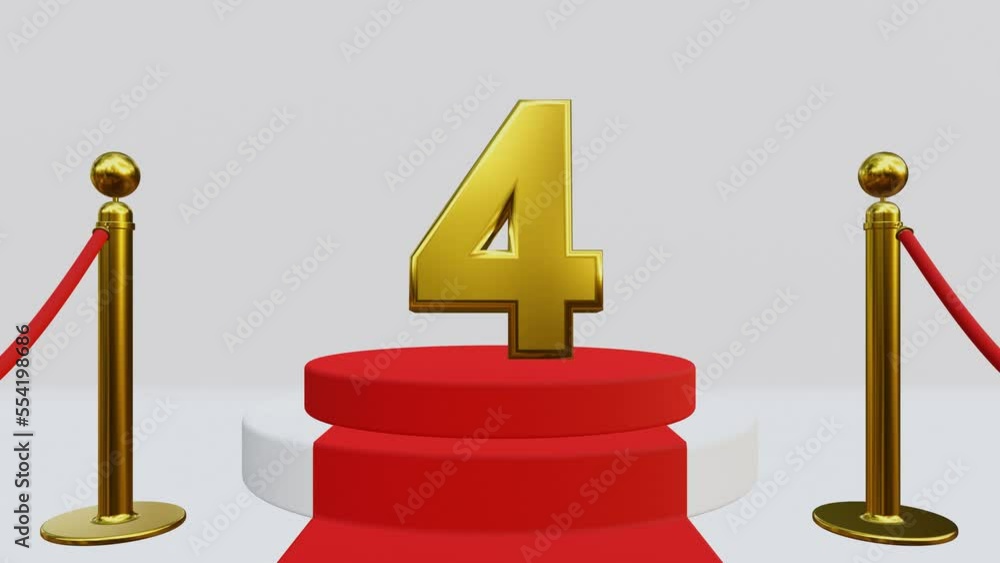 3D animation of number four on Red carpet with Golden rope barriers ...
