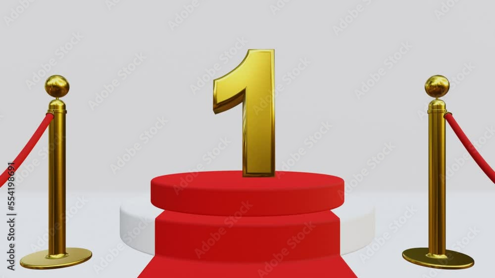 3D animation of number one on Red carpet with Golden rope barriers ...