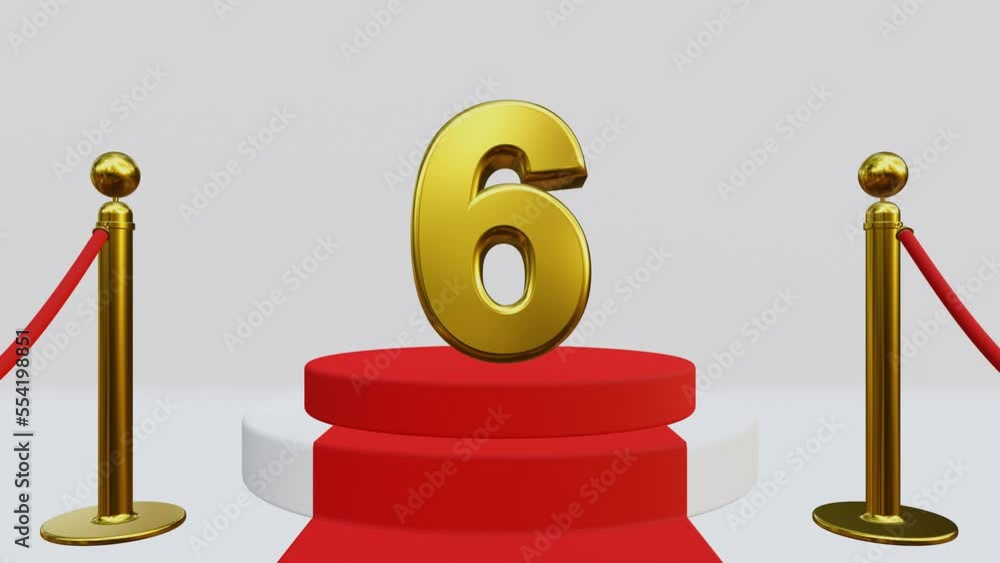 3D animation of number six on Red carpet with Golden rope barriers ...