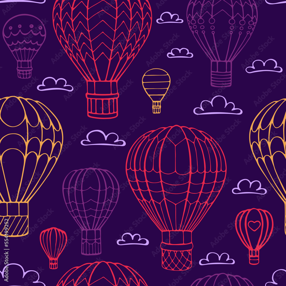 Seamless pattern hot air balloon and cloud. Hand drawn outline doodle ...