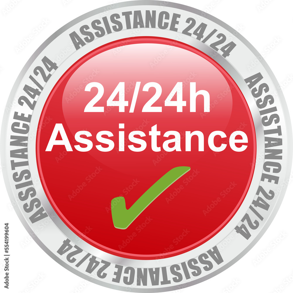 les mots "24/24 assistance" écrit sur un bouton rouge Stock ...