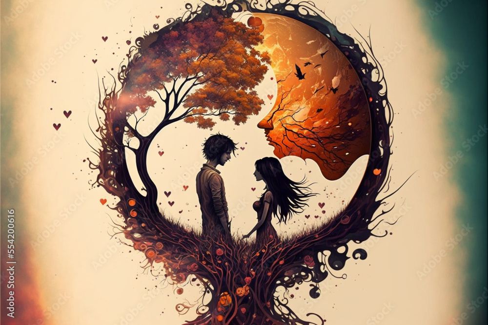 Two people in love encircled by a tree and embraced within a circle ...