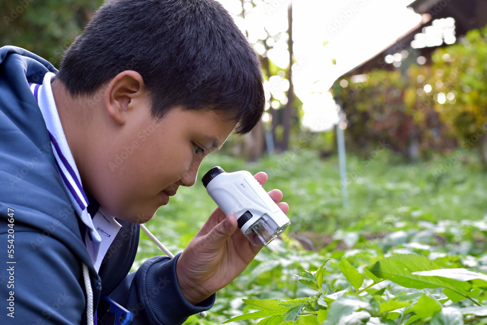 Young Asian boy is holding a pocket microscope to look at tiny ...