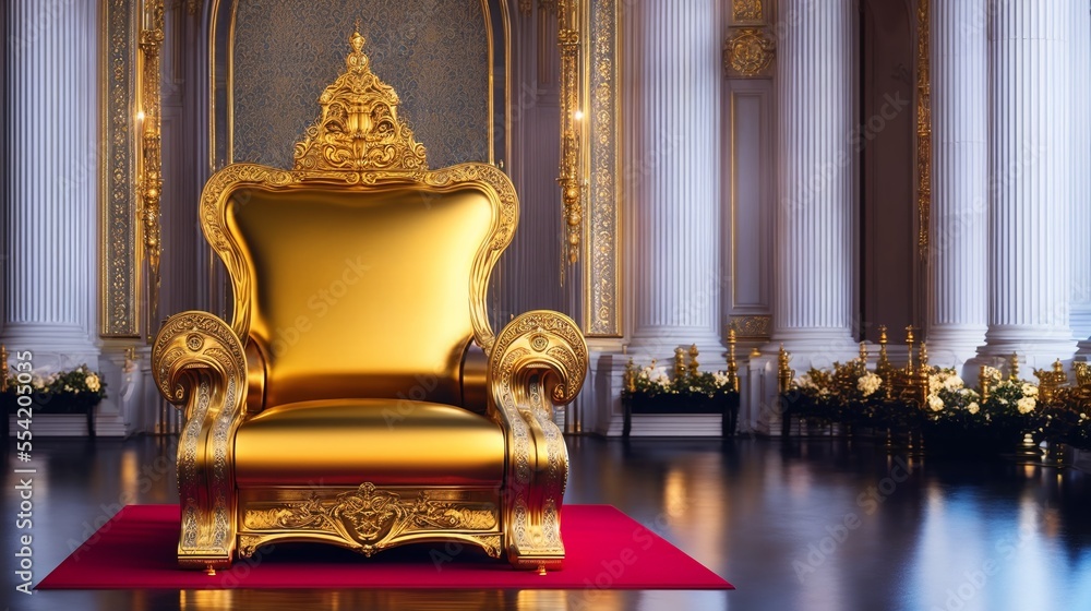closeup of empty royal golden throne on red rug in throne room with ...
