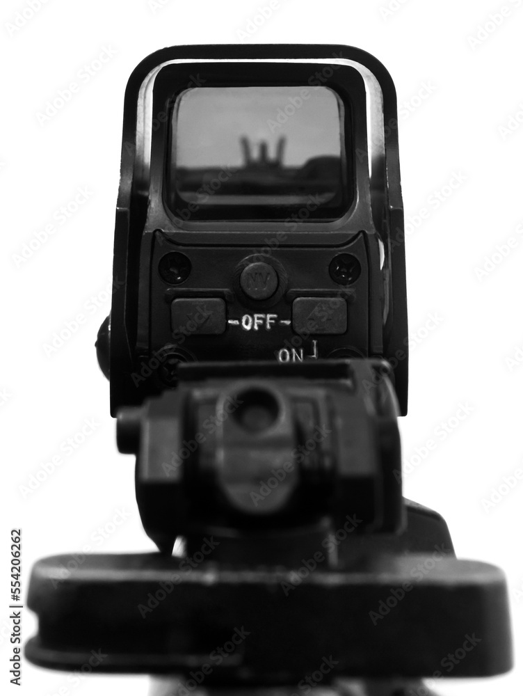POV reflex red dot aim mounted on assault rifle weapon, weapons and ...