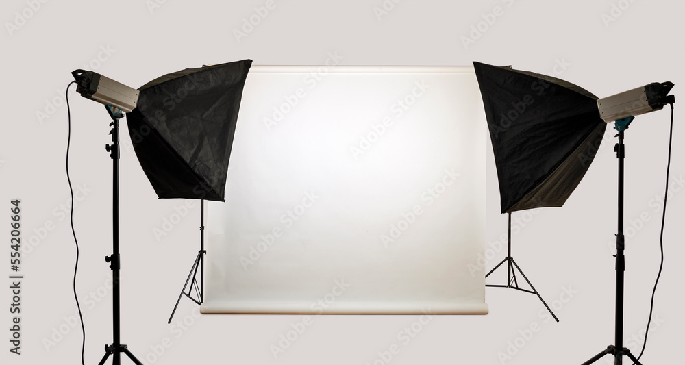 Two soft box on stand illuminated a white background in photo studio ...