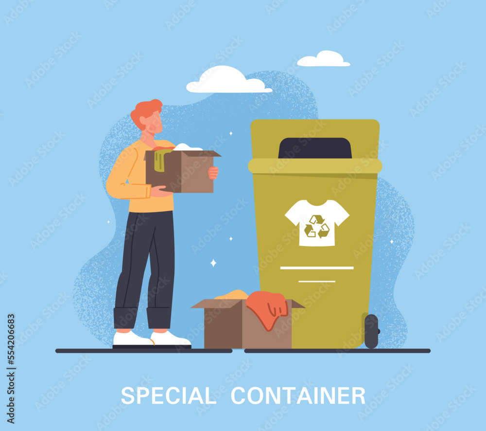 Clothes recycling infographic. Man with box near trash can. Poster or ...