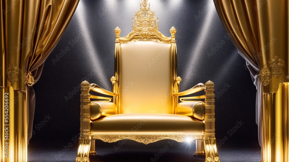 centered empty royal golden throne with a gold curtain and a black ...