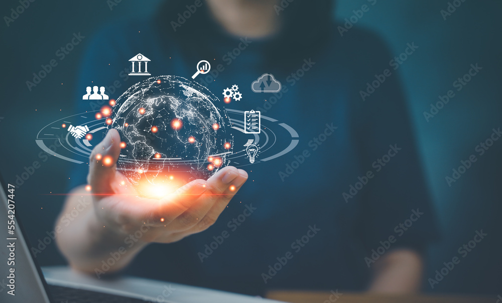 Midsection woman hold hologram screen displaying modern cloud based web ...