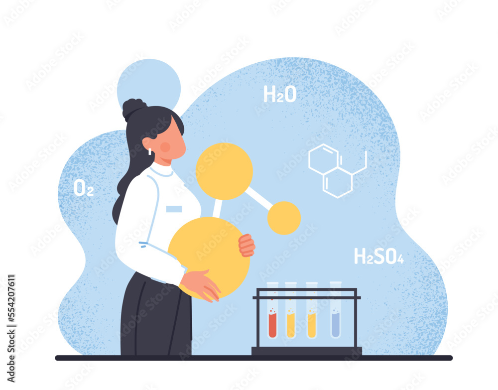 Experiments in laboratory. Girl with molecular structure next to test ...