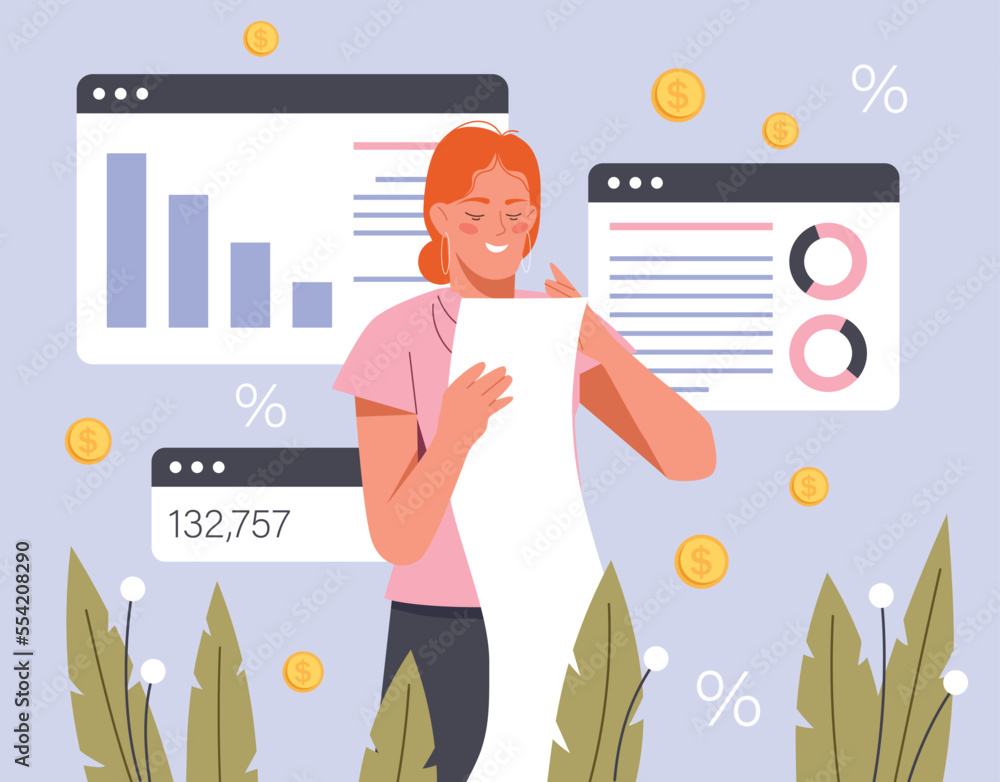 Planning budget concept. Young girl with long sheet on background of ...