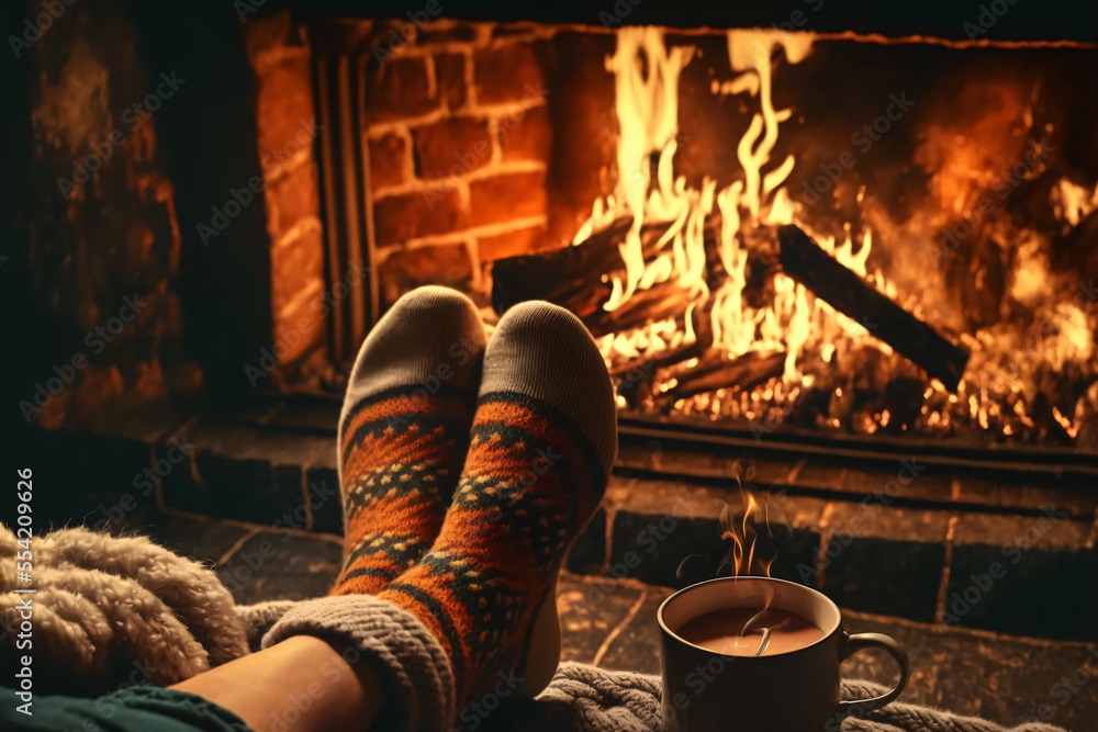 Realistic cozy scene in front of a fireplace. there is a lit tree ...