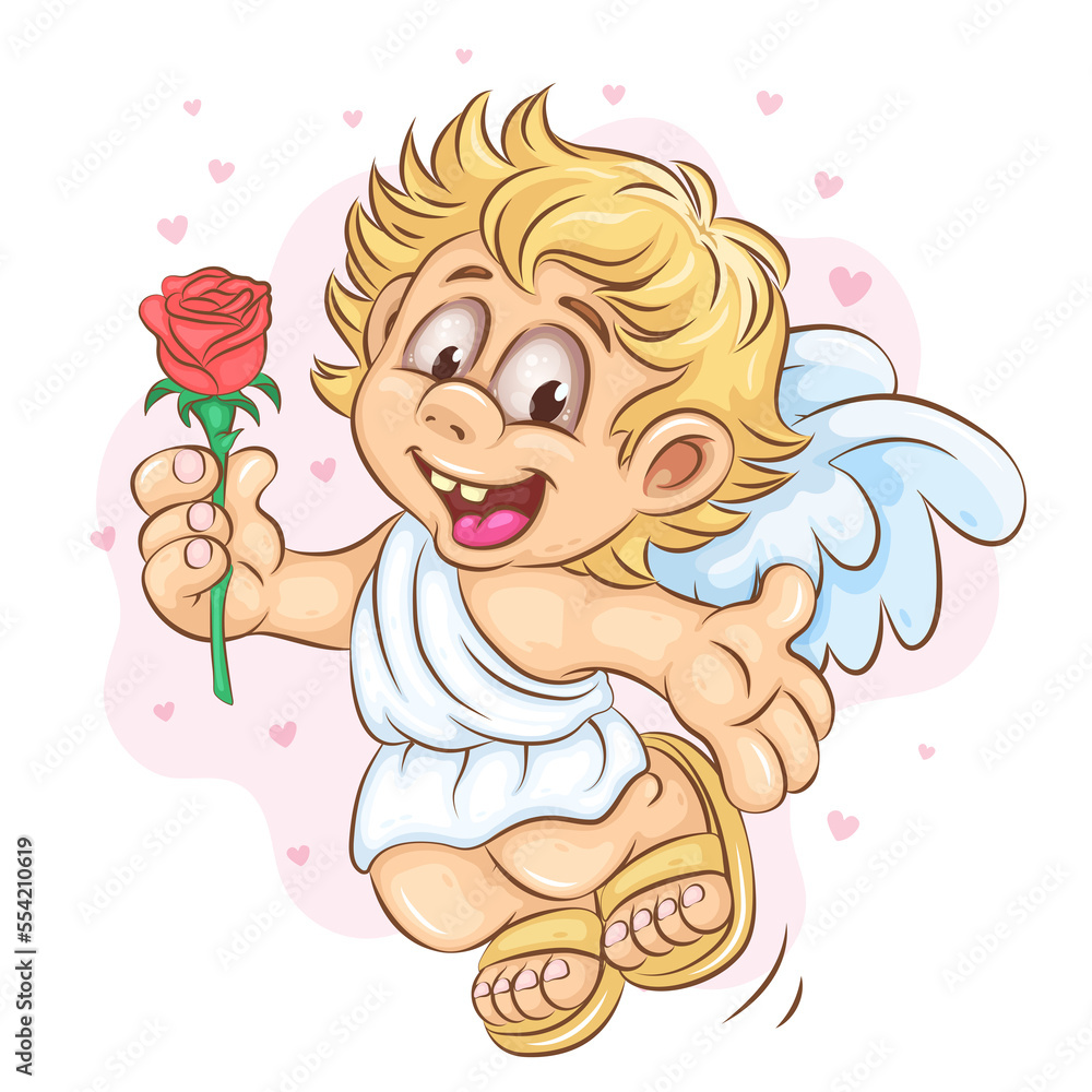 Cartoon Cupid with Rose. Clipart. Cute cartoon illustration of a cupid ...