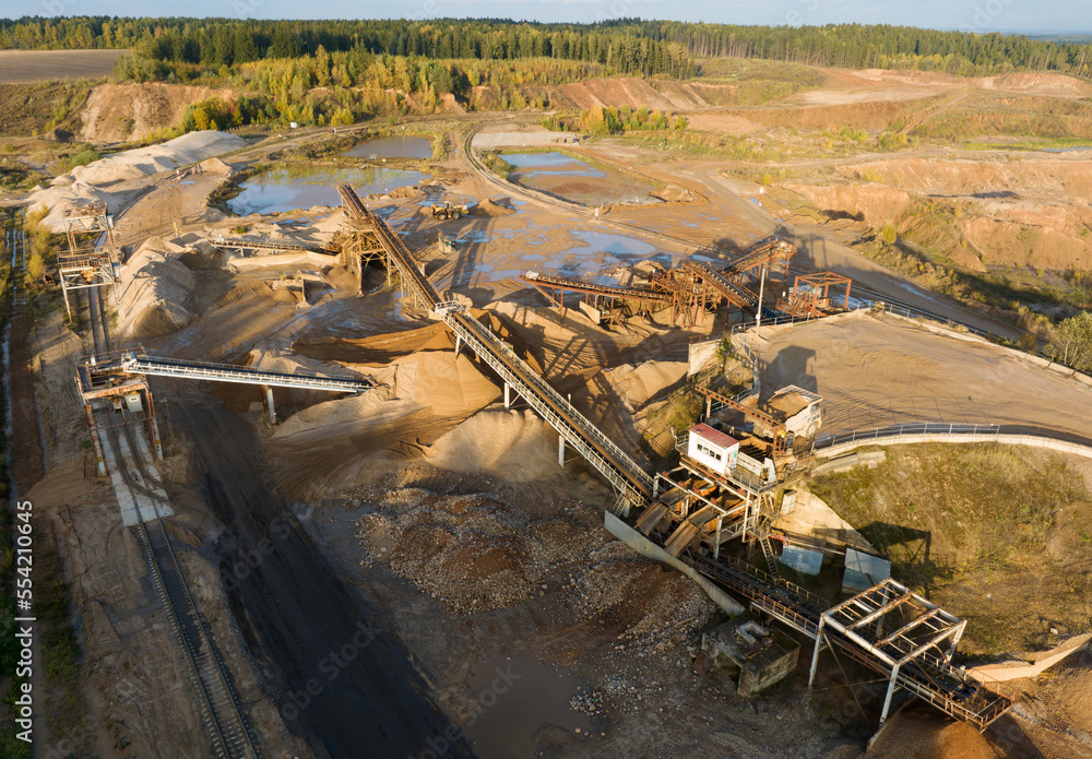 Sand Making Plant and Belt conveyor in mining quarry. Gold mining in ...