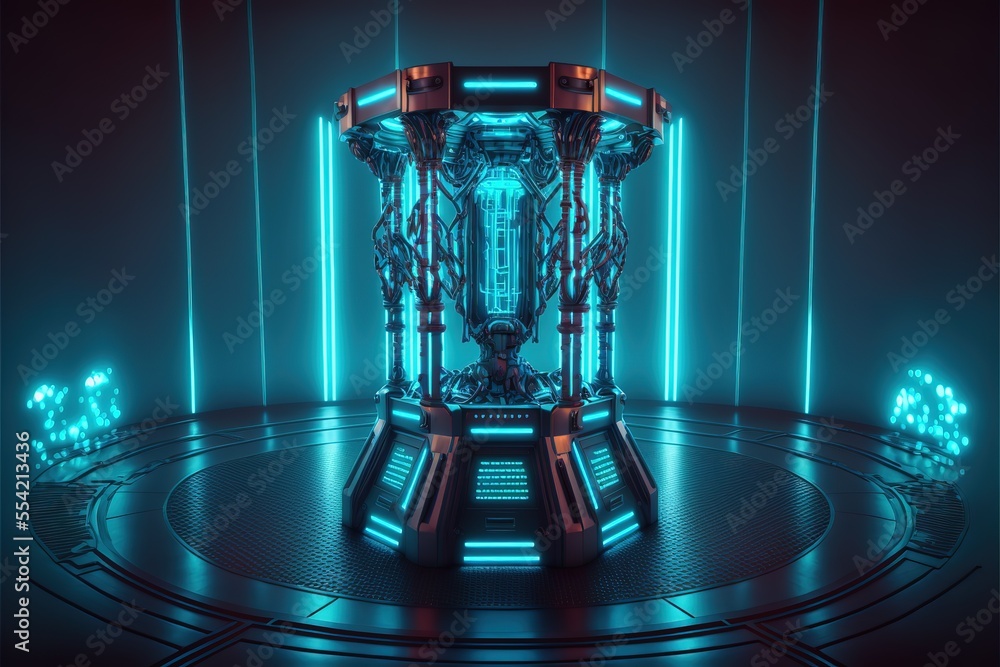 sci fi pedestal in scientific laboratory in blue background with flourescent long lamp light. AI ...