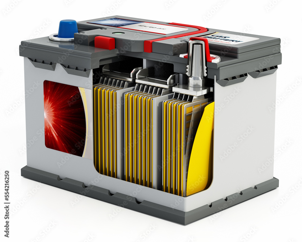3D illlustration of a generic car battery showing a portion of the ...