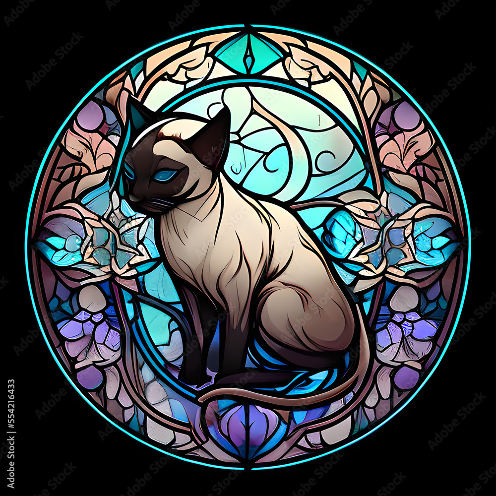 AI-generated illustration of a Siamese cat in a stained glass/mosaic ...