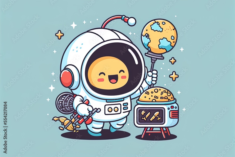 Cartoon icon image of science and technology with a cute astronaut ...