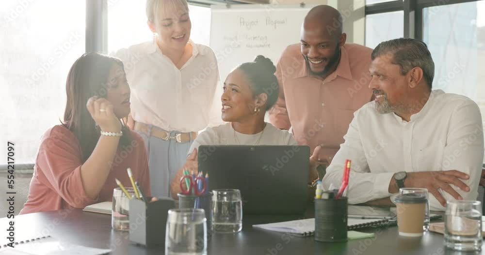 Laptop, collaboration and meeting with a business team working together ...