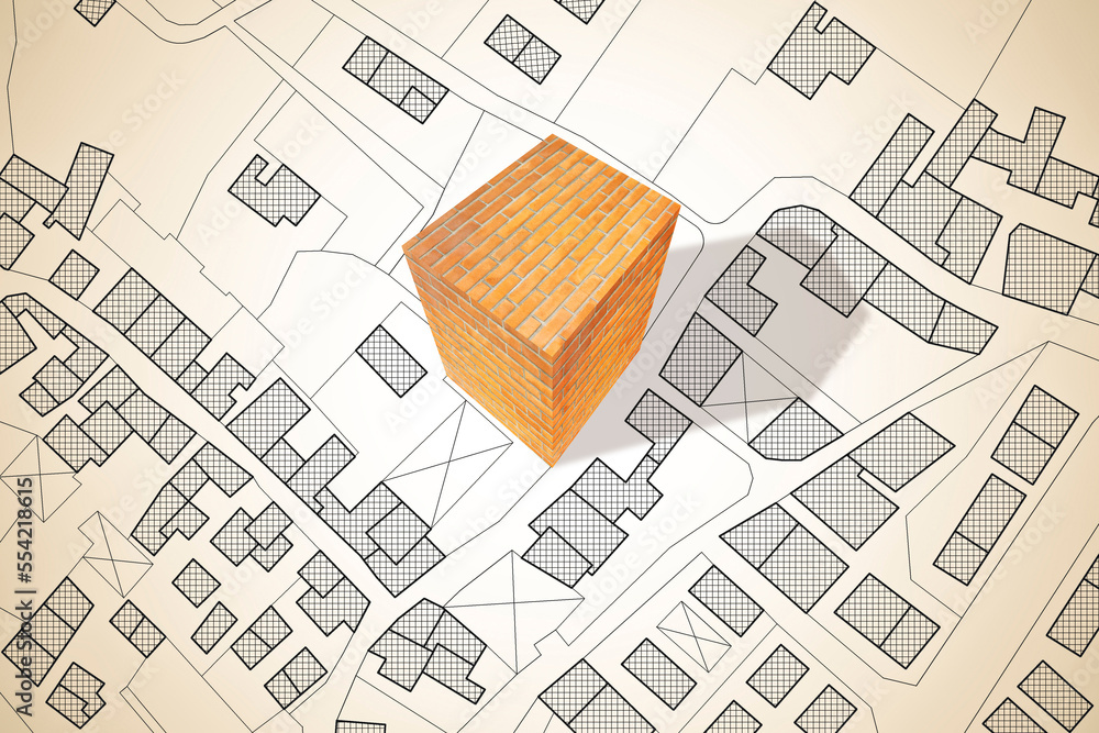Imaginary cadastral map of territory with a brick building - Concept ...