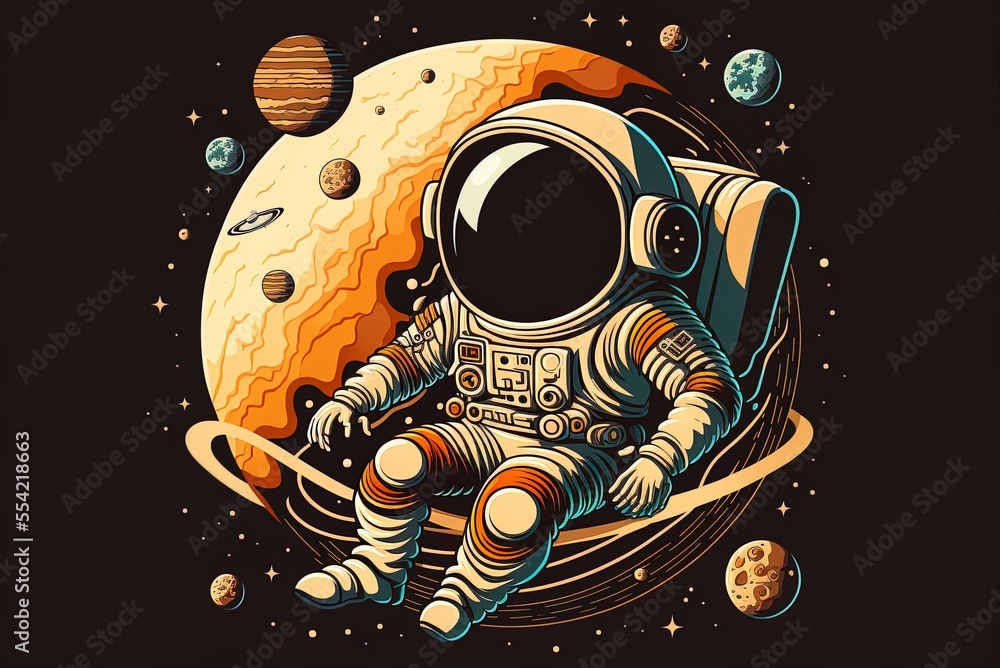 Cartoon icon image of a space astronaut floating in space next to a ...