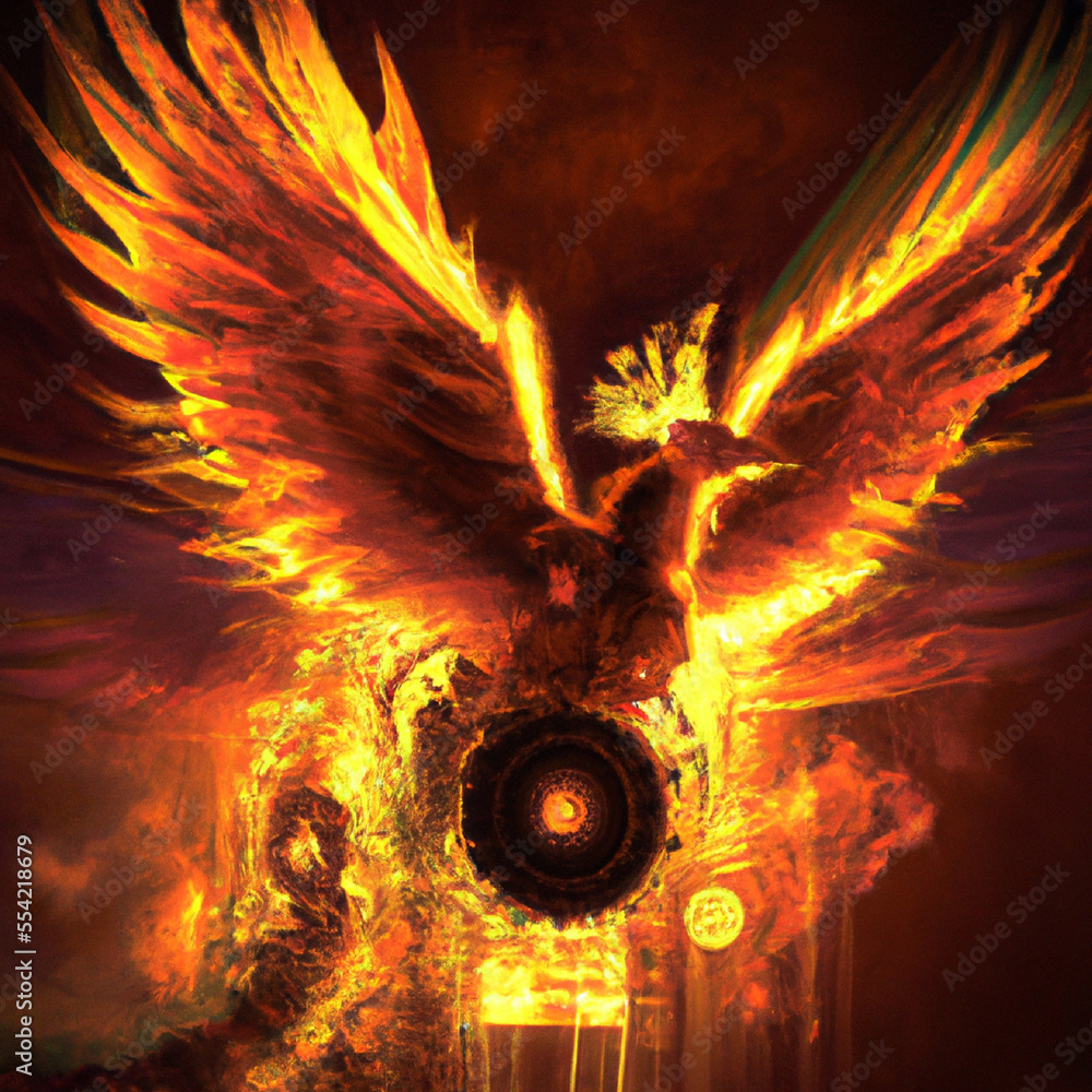 Phoenix rising from a wheel of flames with its wing tips glowing a ...