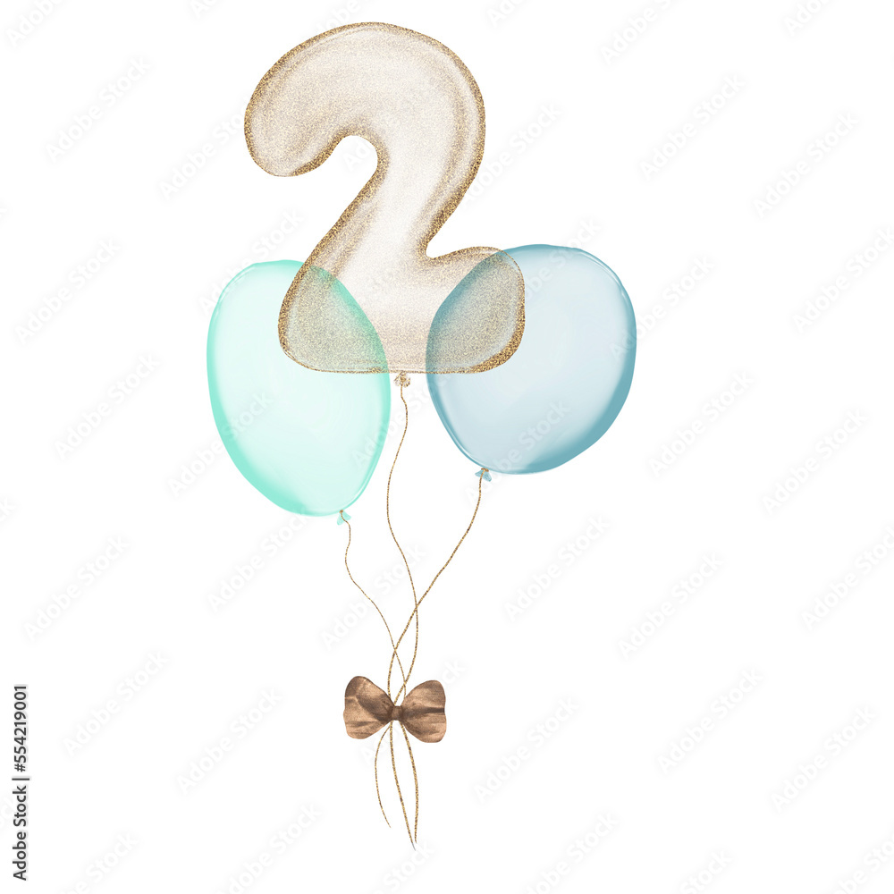 2 gold Birthday ballon with blue baloons. Number two glitter gold ...