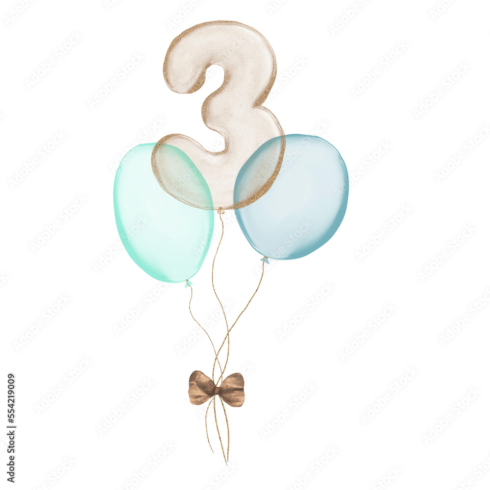 3 gold Birthday ballon with blue baloons. Number three glitter gold ...