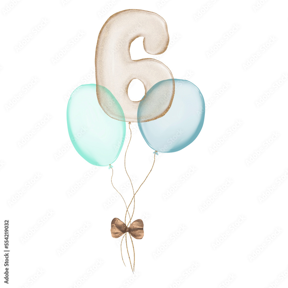 6 gold Birthday ballon with blue baloons. Number six glitter gold ...