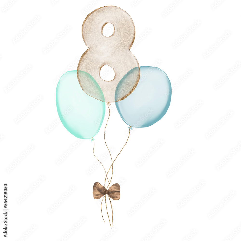Eight gold Birthday ballon with blue baloons. Number eight glitter gold ...