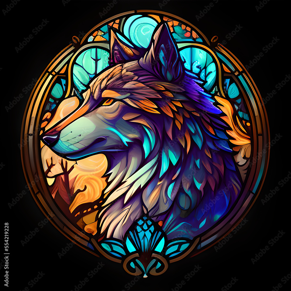 AI-generated illustration of a wolf in a stained glass/mosaic frame in ...