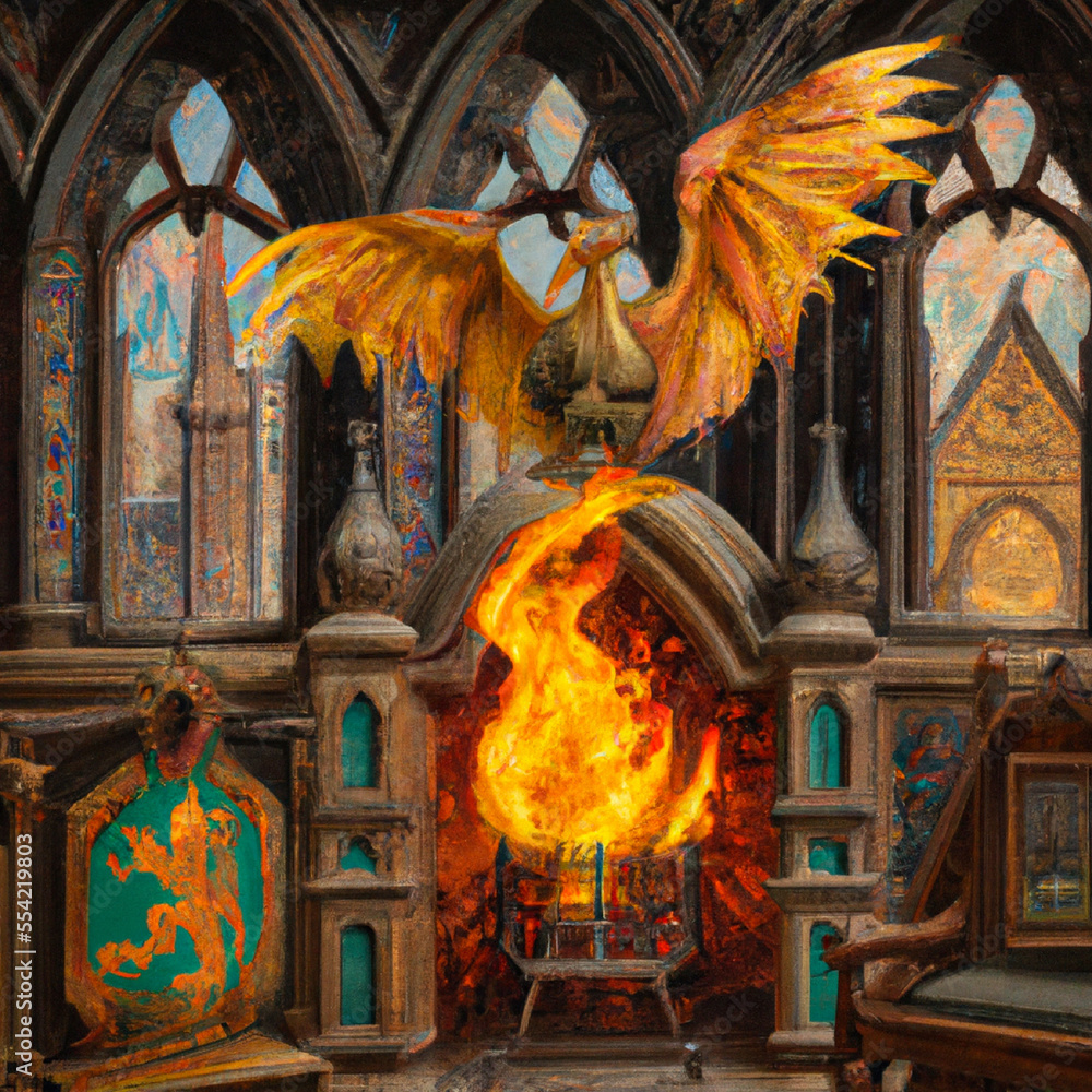 Phoenix rising from flames of a fireplace inside a medieval hall ...