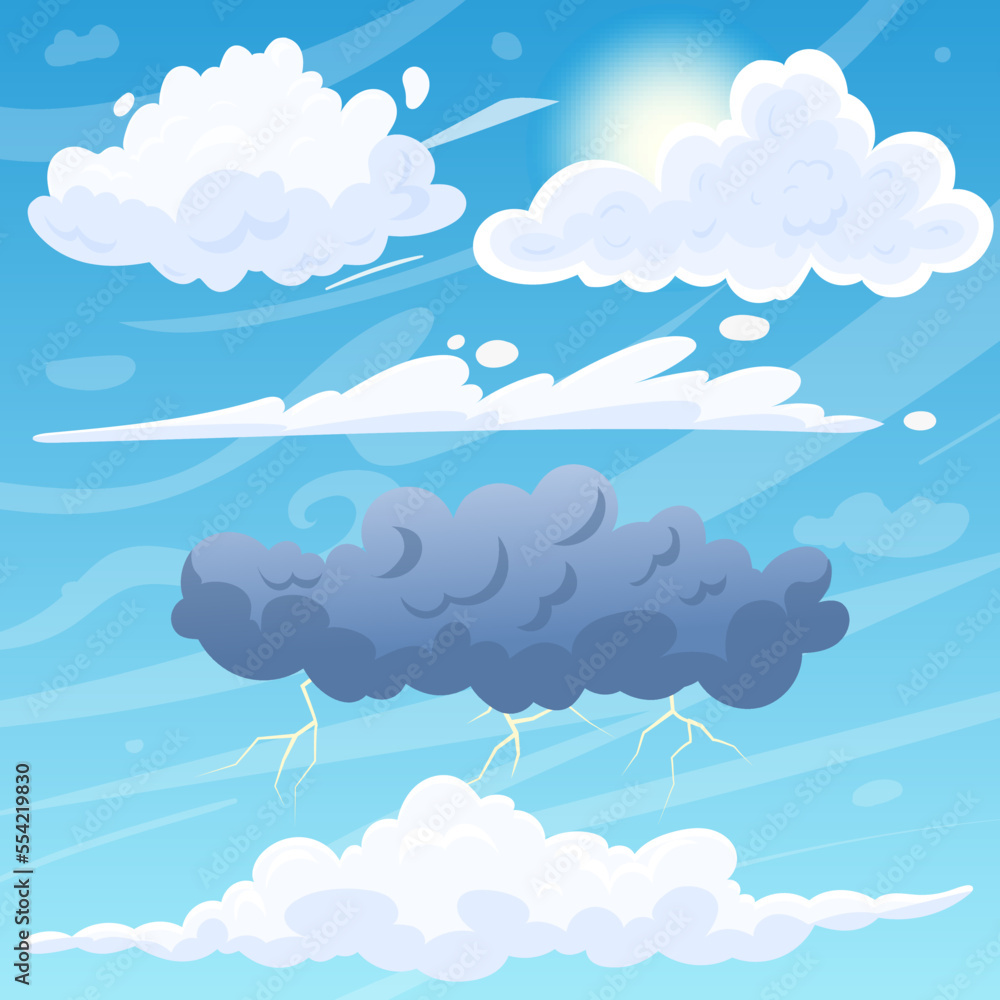 cloud sky set cartoon vector weather art, heaven storm, nature rain ...