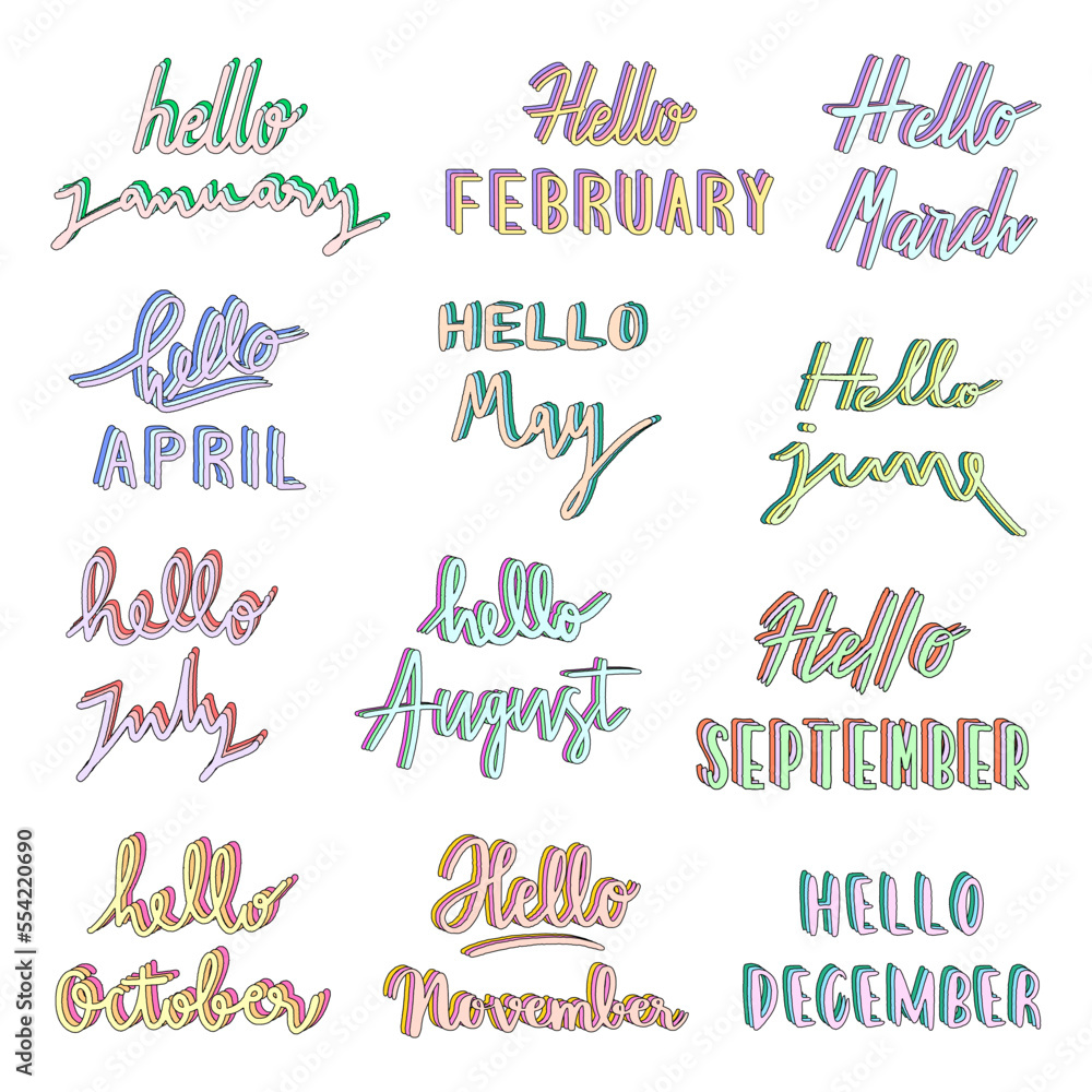 Set of Hello months of the year with rainbow patterns Stock Vector ...